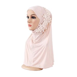 Women One Piece Muslim Hijab Lace Applique Head Wrap Scarf Shawl with Rhinestones (Beige)