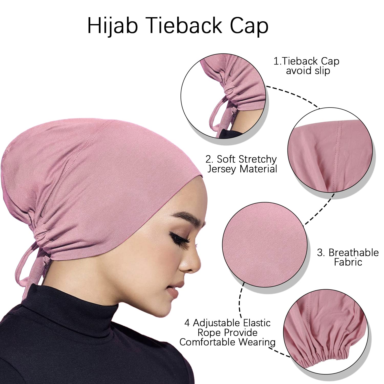 Faticinfa Under Scarf Hijab Cap with Tie-Back Closure Jersey Hijab Inner Caps with Adjustable Rope Hijab Bonnet for Muslim Women (17 Bridal Rose)