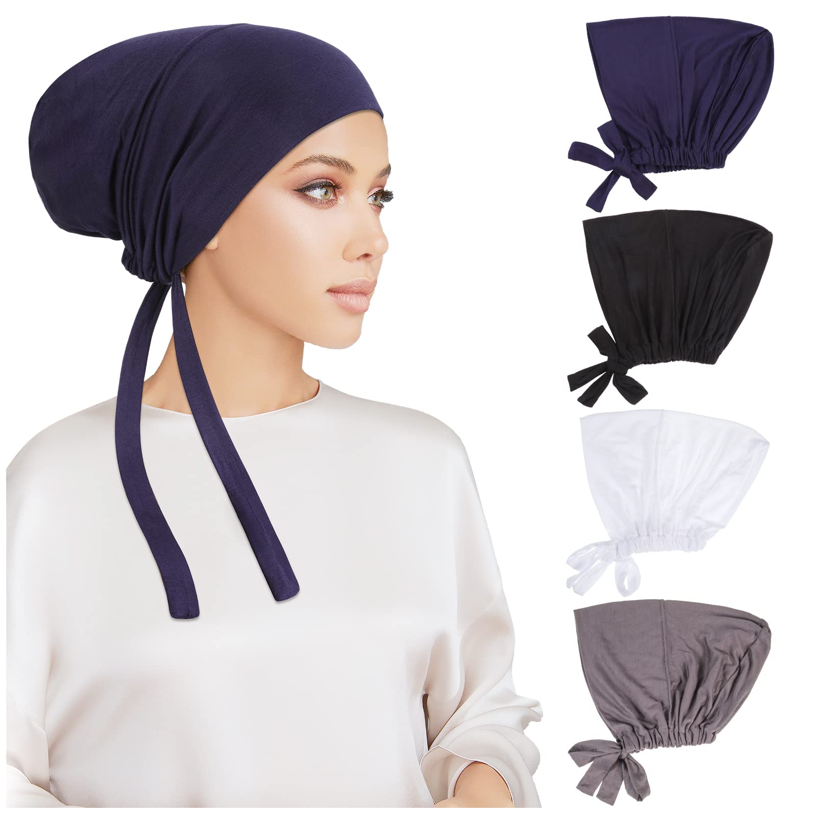 PHOGARY 4 Pcs Women Hijab Undercap, Islamic Muslim Under Hijab Cap Inner Under Scarf Hat Hijab Cap with Tie Back Closure Solid Color Underscarf Hijab for Women Turban Head Wraps Chemo Sleep Cap