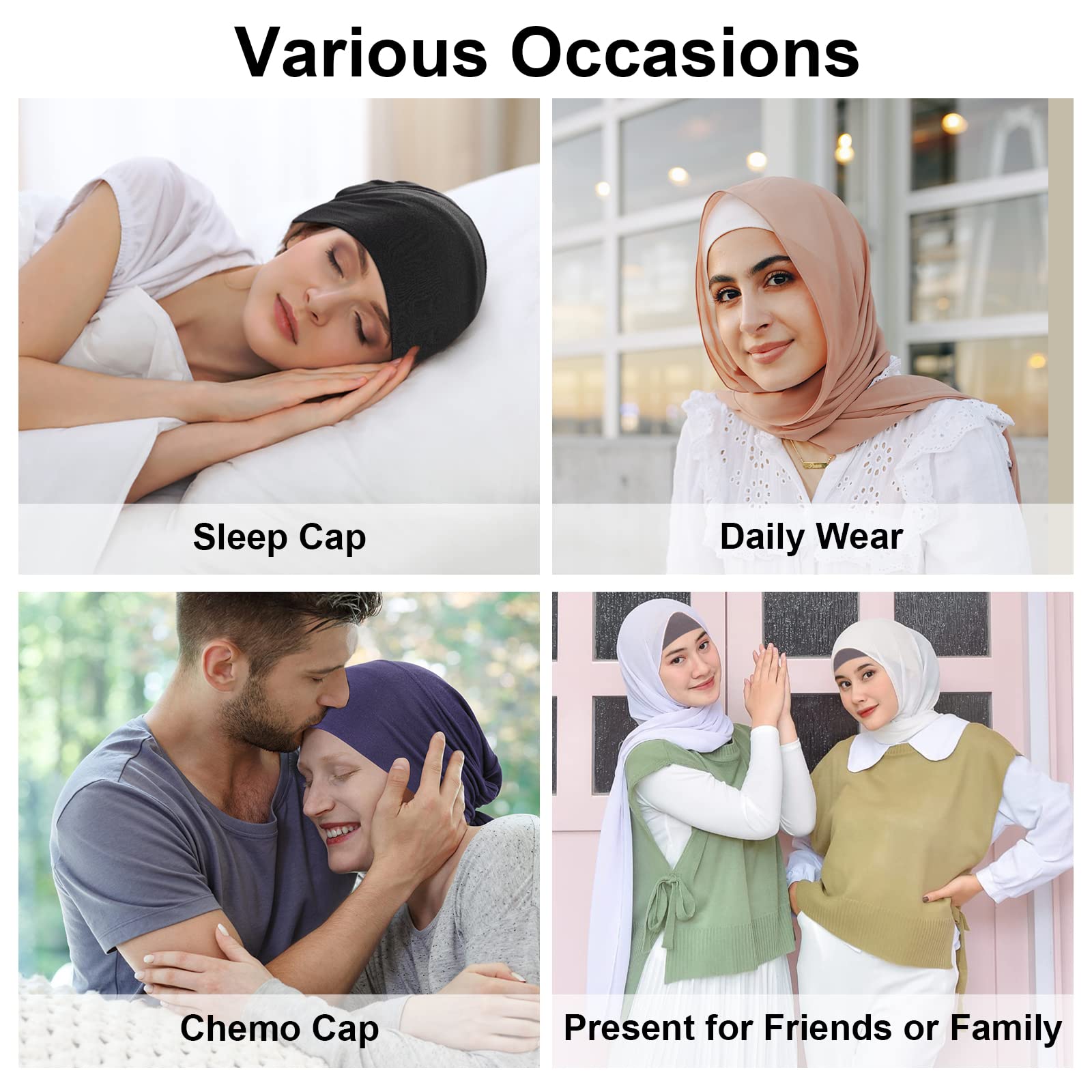 PHOGARY 4 Pcs Women Hijab Undercap, Islamic Muslim Under Hijab Cap Inner Under Scarf Hat Hijab Cap with Tie Back Closure Solid Color Underscarf Hijab for Women Turban Head Wraps Chemo Sleep Cap