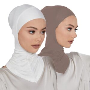 lmverna 2 pieces modal hijab cap adjustable muslim stretchy turban full cover shawl undercap full neck coverage for women (white+light khaki)