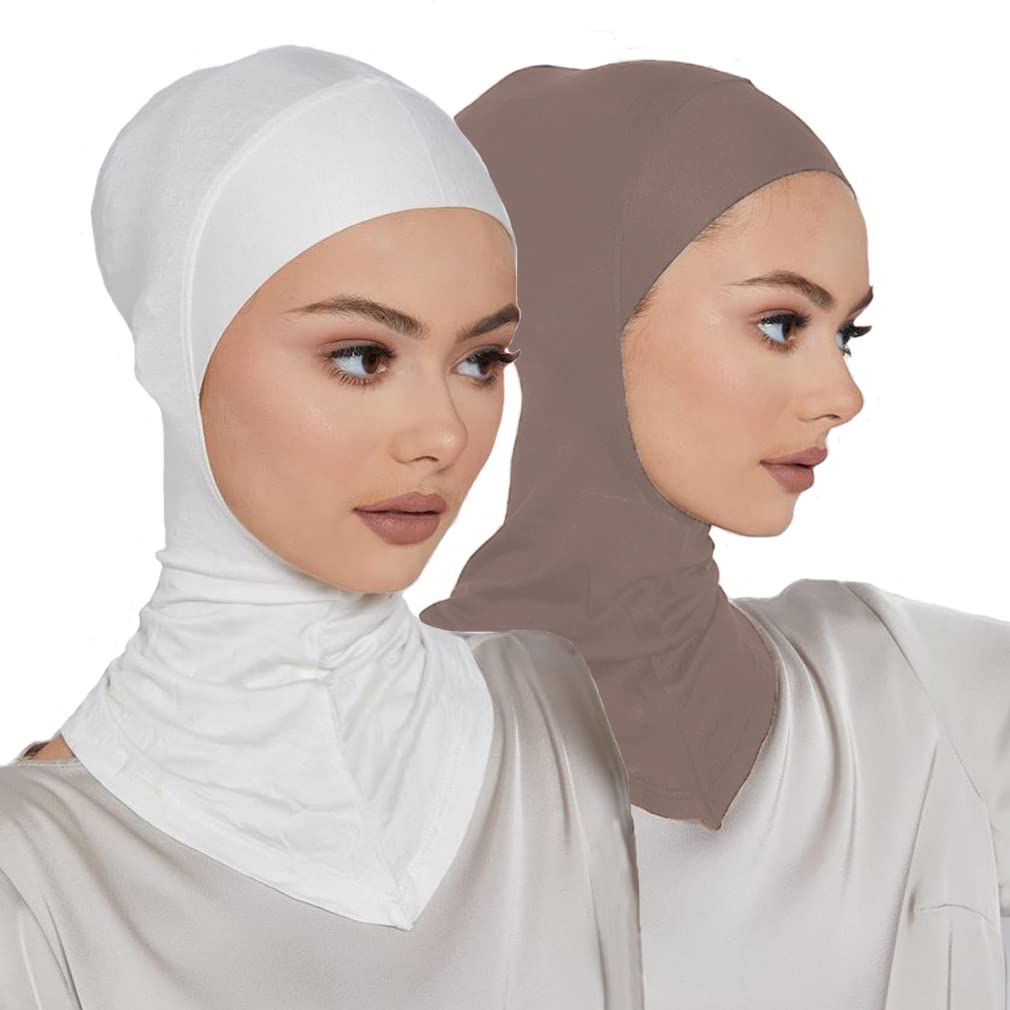 LMVERNA 2 Pieces Modal Hijab Cap Adjustable Muslim Stretchy Turban Full Cover Shawl Undercap Full Neck Coverage for Women (White+Light khaki)