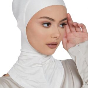 LMVERNA 2 Pieces Modal Hijab Cap Adjustable Muslim Stretchy Turban Full Cover Shawl Undercap Full Neck Coverage for Women (White+Light khaki)