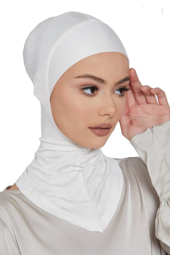 LMVERNA 2 Pieces Modal Hijab Cap Adjustable Muslim Stretchy Turban Full Cover Shawl Undercap Full Neck Coverage for Women (White+Light khaki)