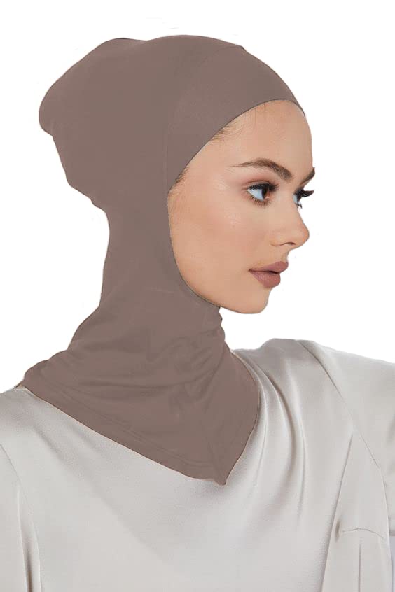 LMVERNA 2 Pieces Modal Hijab Cap Adjustable Muslim Stretchy Turban Full Cover Shawl Undercap Full Neck Coverage for Women (White+Light khaki)