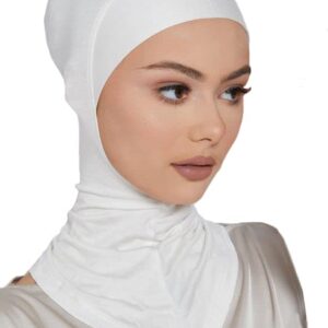 LMVERNA 2 Pieces Modal Hijab Cap Adjustable Muslim Stretchy Turban Full Cover Shawl Undercap Full Neck Coverage for Women (White+Light khaki)