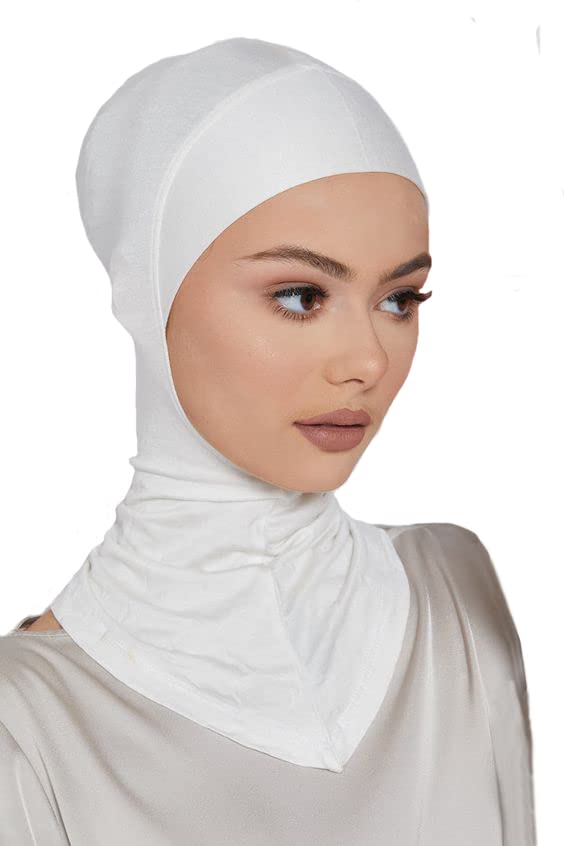 LMVERNA 2 Pieces Modal Hijab Cap Adjustable Muslim Stretchy Turban Full Cover Shawl Undercap Full Neck Coverage for Women (White+Light khaki)