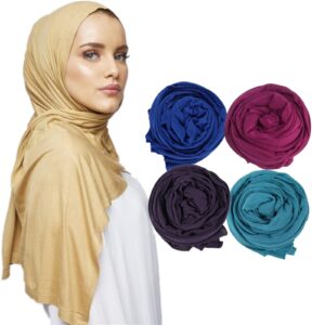 kxy 4 pieces stretchy soft cotton shawl long jersey scarf for women muslim plain wrap hijab head scarf, sapphire+ lake green + deep purple + purple, 31.5 x 70.10inch