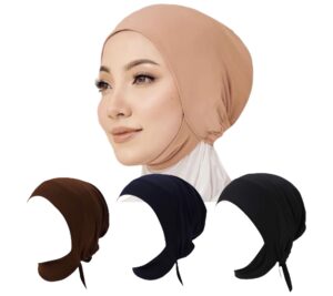 solid color 3- pack full cover inner hijab cap. under scarf cap for muslim women. coffee, black and blue color inner hijab cap…