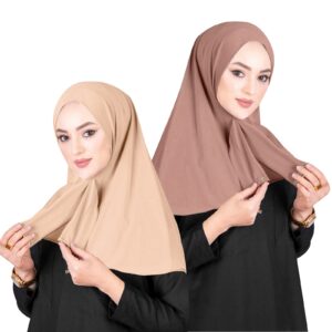 phogary 2 pcs snap hijab for women, islamic muslim ready to go instant hijab for women hijab undercap with tie back buttons solid color modal head wraps hair wraps turbans for women, khaki+beige