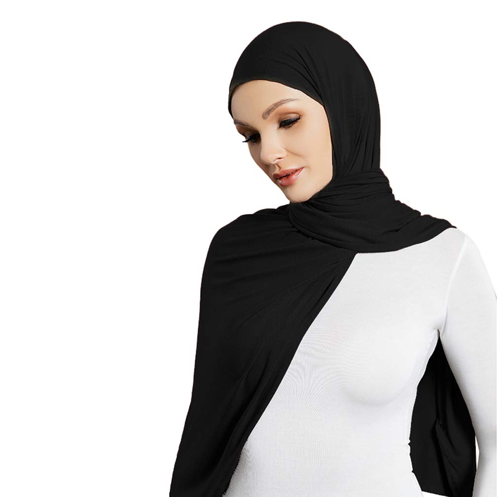 Hophor Womens Black Jersey Hijab Long Stretch Head Wrap Fashion Viscose Scarf Jersey Hijab Scarf for Women (Black)