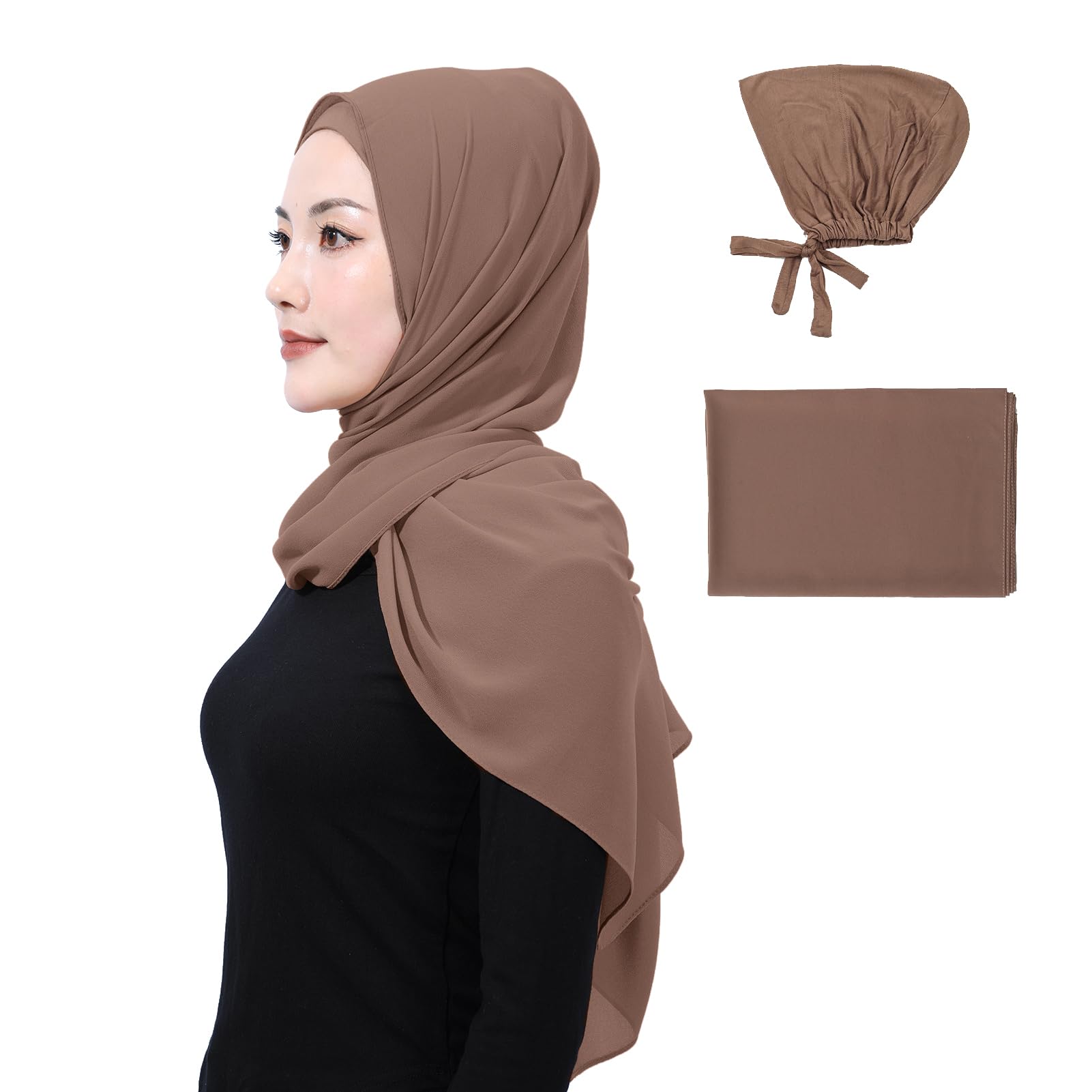 PeacePray Brown Matched Hijab and Undercap Set, Chiffon Muslim Head Scarf for Women, A Perfectly Decent Combination