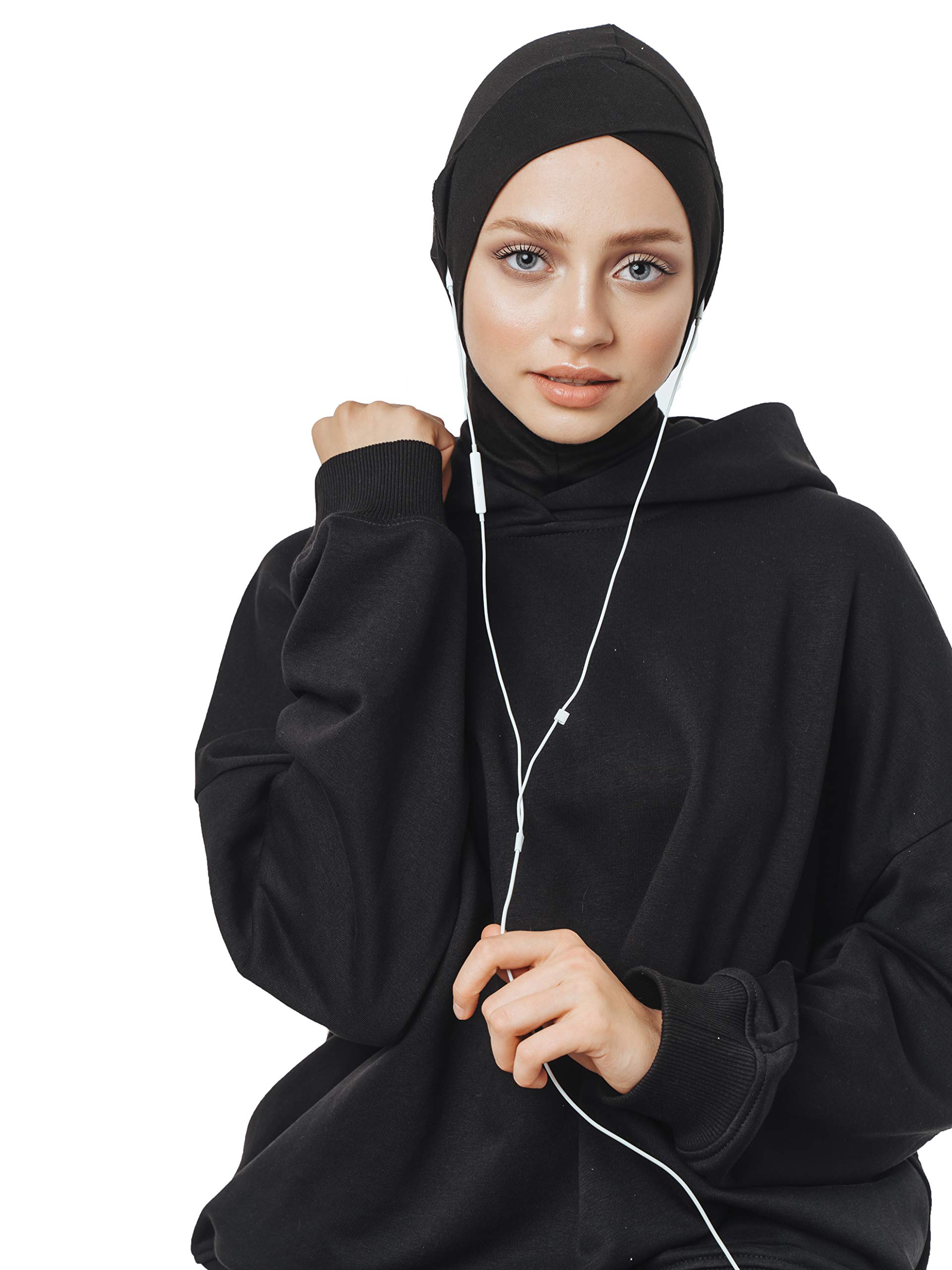 VeilWear Instant Hijab for Headphones and Glasses, Sport Head Scarf, Ready to wear Muslim Accessories for Women (Black)