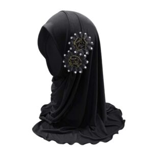 kids girls lovely muslim hijab with flowers anti-uv sun protection breathable one piece islamic head scarf shawls arabian turban for 2-6 years black