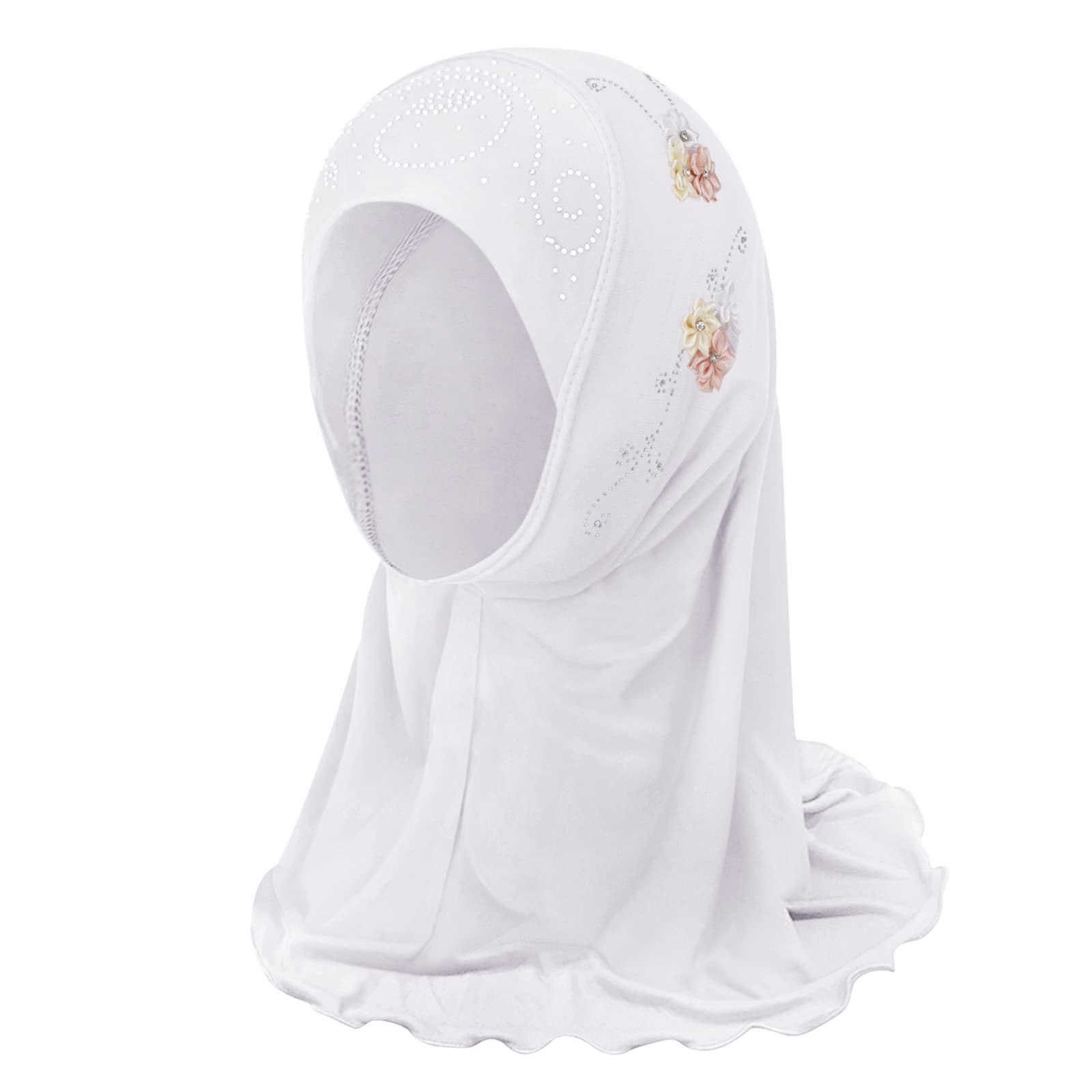 RONGXINUS Girls Islamic Flower Hijab Cotton One Piece Muslim Scarf Arab Head Wrap Scarves Full Cover Head Scarf Little Girls Hijab Headpiece Head Wrap Cap Arabian Girl Child Wrap Prayer Turban