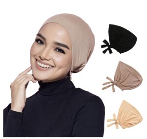 qymy 3pcs under hijab head cap muslim under scarf hijab cap solid color women under scarf hat hijab cap stretchy sleeping cap (black, khaki, beige(3pcs), free size)