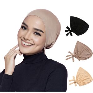 QYMY 3PCS Under Hijab Head Cap Muslim Under Scarf Hijab Cap Solid Color Women Under Scarf Hat Hijab Cap Stretchy Sleeping Cap (Black, Khaki, Beige(3PCS), Free Size)