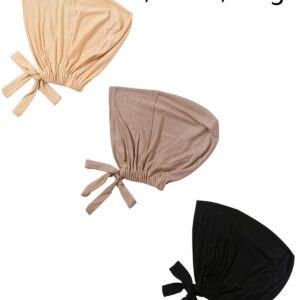 QYMY 3PCS Under Hijab Head Cap Muslim Under Scarf Hijab Cap Solid Color Women Under Scarf Hat Hijab Cap Stretchy Sleeping Cap (Black, Khaki, Beige(3PCS), Free Size)