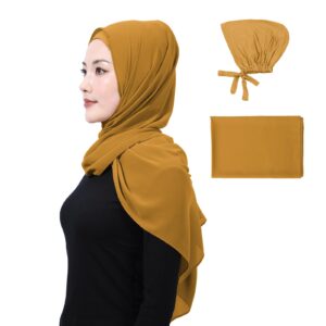 peacepray matched hijab and undercap set, chiffon muslim head scarf for women, a perfectly decent combination, mustard