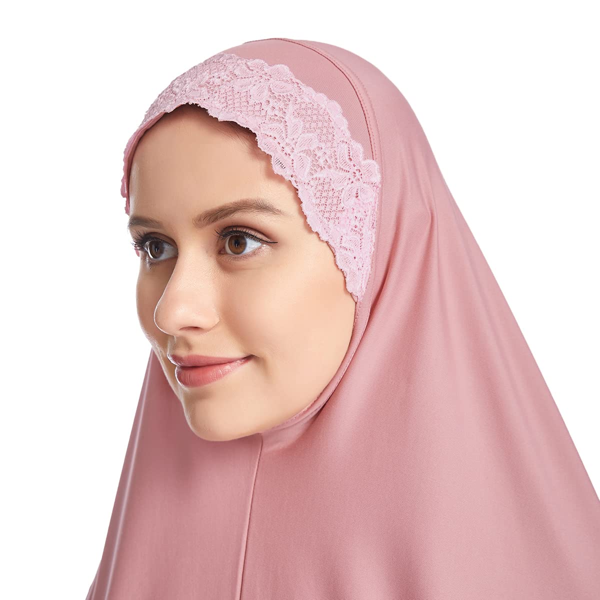 Women's Elegant Hijab Lace Trim Middle Eastern Islamic Jilbab Prayer Veils Headcover Headscarf Pink M