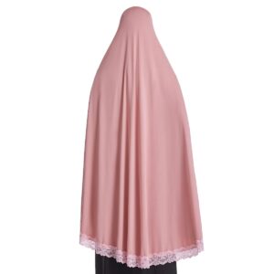 Women's Elegant Hijab Lace Trim Middle Eastern Islamic Jilbab Prayer Veils Headcover Headscarf Pink M