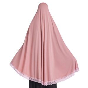 Women's Elegant Hijab Lace Trim Middle Eastern Islamic Jilbab Prayer Veils Headcover Headscarf Pink M