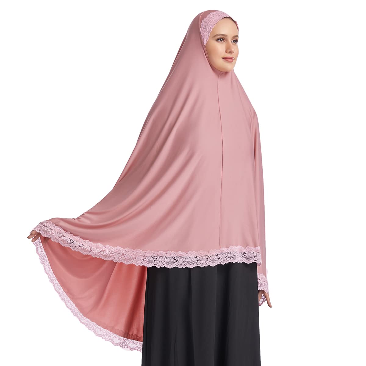 Women's Elegant Hijab Lace Trim Middle Eastern Islamic Jilbab Prayer Veils Headcover Headscarf Pink M