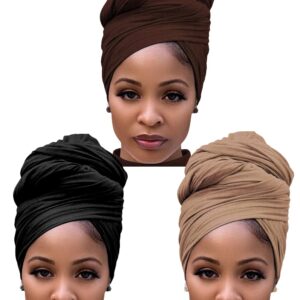 Harewom 3PCS Head Wraps for Black Women Turban Headwraps Stretchy African Hair Wraps Soft Jersey Head Scarf Tie Headbands Pack for Dread Locs Natural Hair