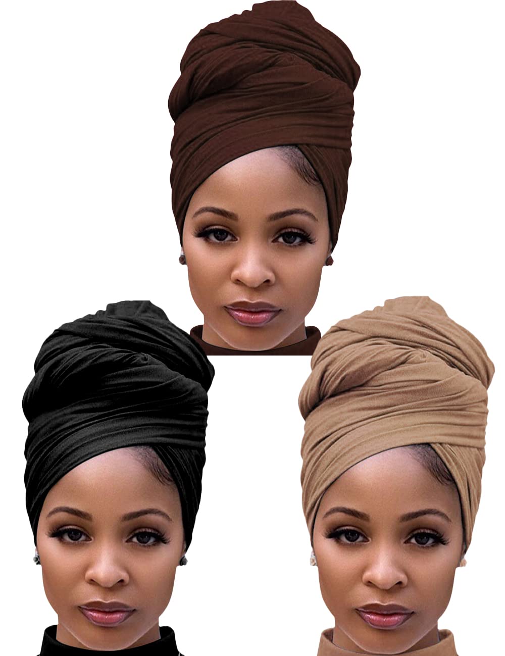 Harewom 3PCS Head Wraps for Black Women Turban Headwraps Stretchy African Hair Wraps Soft Jersey Head Scarf Tie Headbands Pack for Dread Locs Natural Hair