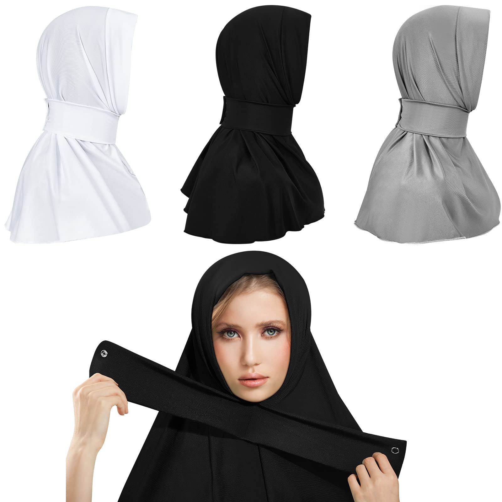 3 Pieces Snap Hijab Soft Islamic Turbans for Women Muslim Hijab Undercap for Women Prayer, Multicolor