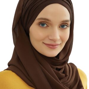 Aisha's Design Pre-tied Cotton Turbans for Women with Chiffon Shawl, Instant Scarf Hijab Stylish Design, Brown - Brown