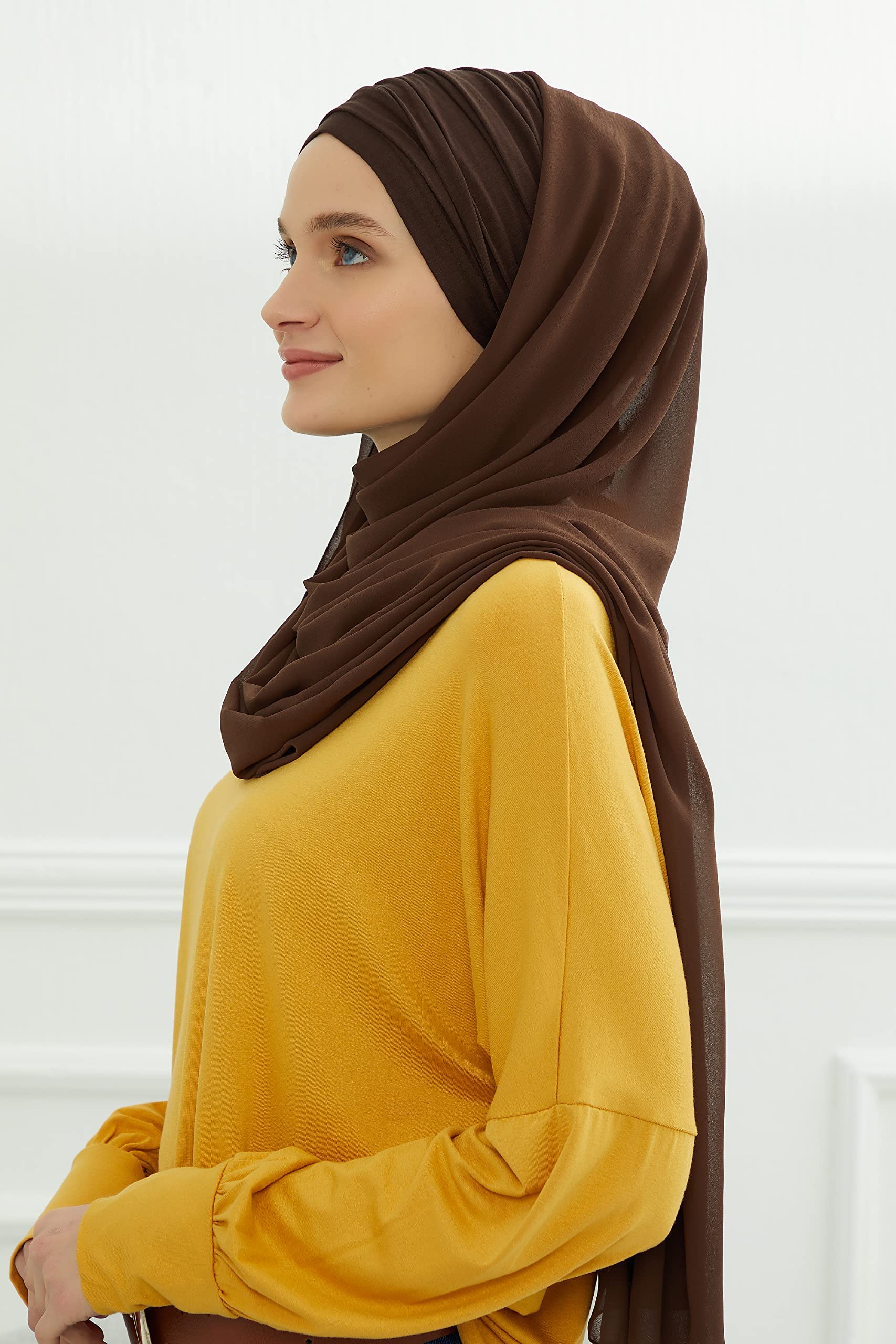 Aisha's Design Pre-tied Cotton Turbans for Women with Chiffon Shawl, Instant Scarf Hijab Stylish Design, Brown - Brown