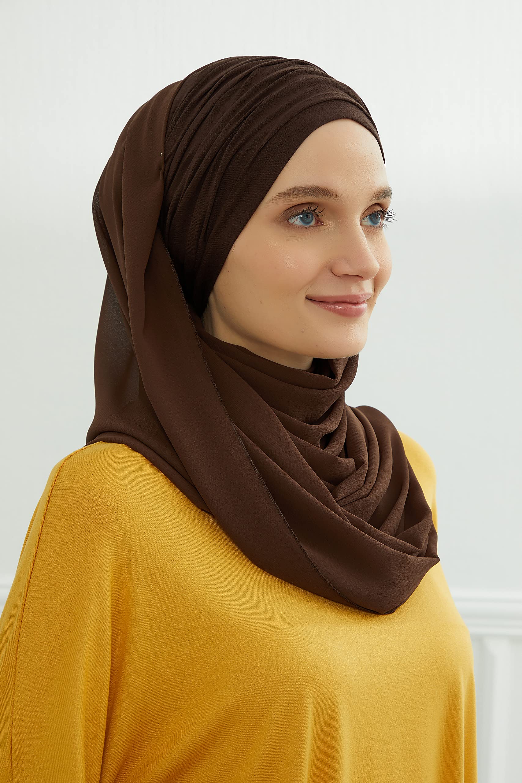 Aisha's Design Pre-tied Cotton Turbans for Women with Chiffon Shawl, Instant Scarf Hijab Stylish Design, Brown - Brown