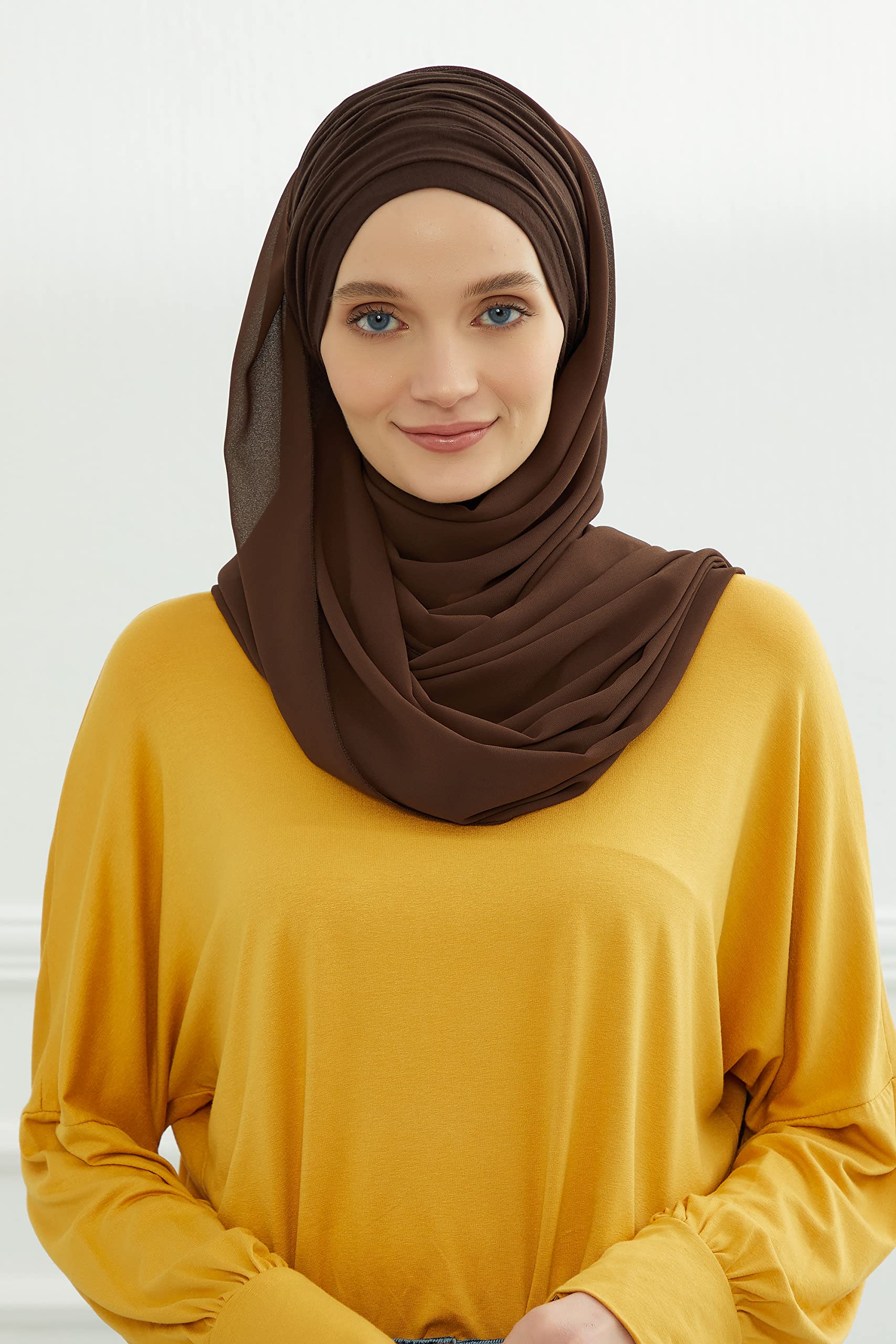 Aisha's Design Pre-tied Cotton Turbans for Women with Chiffon Shawl, Instant Scarf Hijab Stylish Design, Brown - Brown