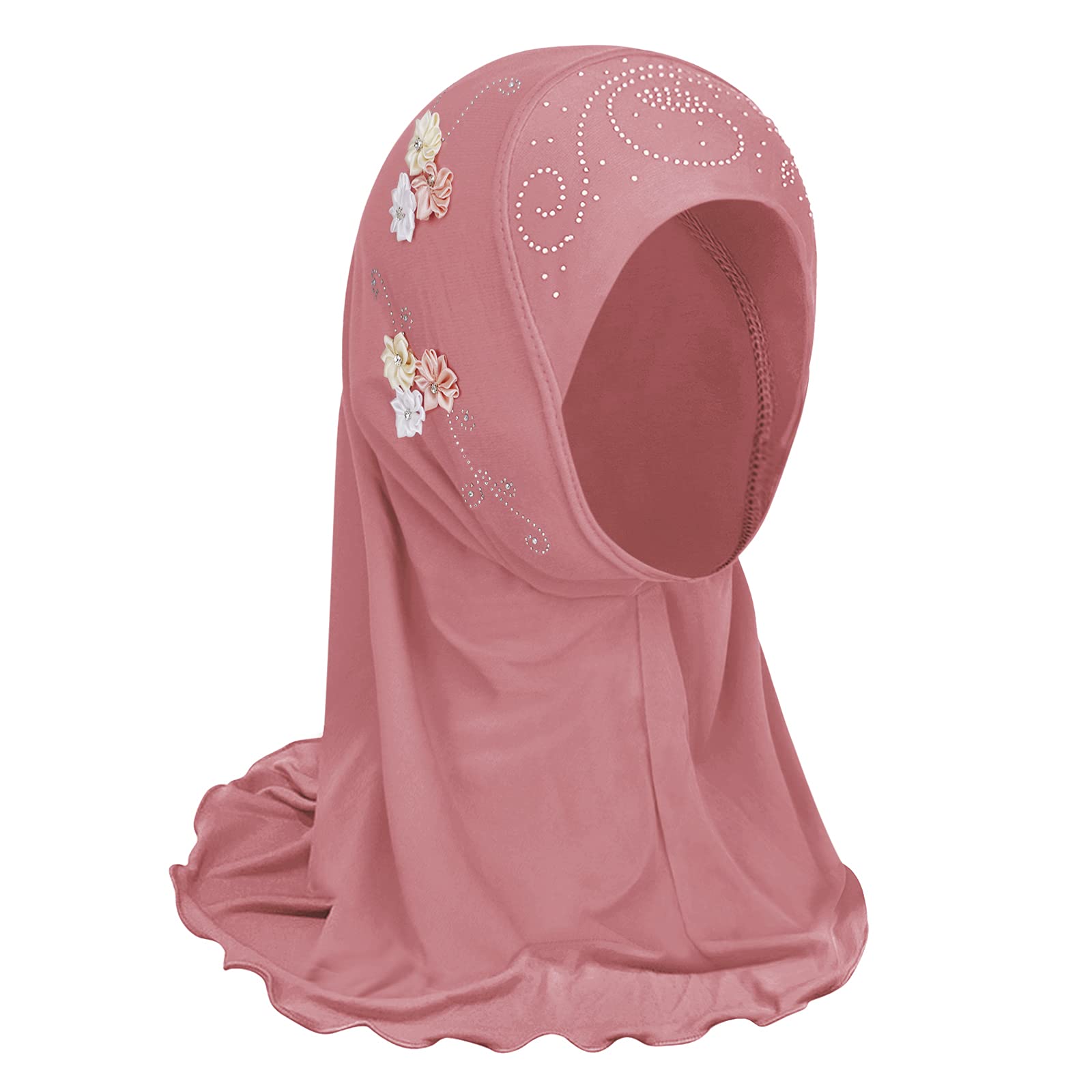 NICEYST Girls Ice Silk Muslim Khimar Hijab Headscarf Flower Arab Scarf Shawls Neck Wrap Islamic Head Wrap for Age 2-7 Years Girls, Style 3-pink