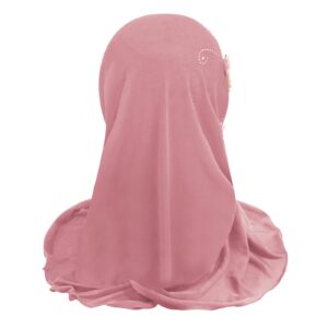 NICEYST Girls Ice Silk Muslim Khimar Hijab Headscarf Flower Arab Scarf Shawls Neck Wrap Islamic Head Wrap for Age 2-7 Years Girls, Style 3-pink