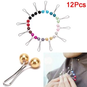 12pcs Multicolor Headscarf Pearl Pins Clips U Shape Hijab Scarf Lady Muslim Scarf Shawl Clips Scarf Brooches Pin Jewelry Accessories(Black&White&Gold)