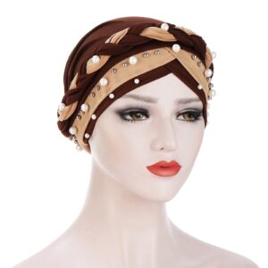 frakyen turbans non slip hijab undercap underscarf sleeping hat women muslim milk silk two- nail beads braid turban hat coffee