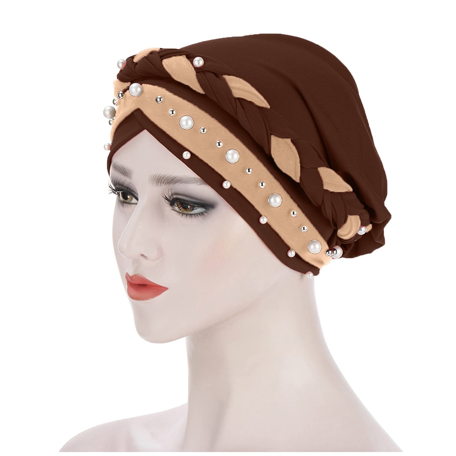 FRAKYEN Turbans Non Slip Hijab Undercap Underscarf Sleeping Hat Women Muslim Milk Silk Two- Nail Beads Braid Turban Hat Coffee