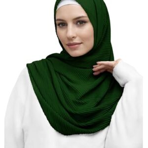 Lina & Lily Premium Cotton Pleated Hijab for Muslim Women, Maxi Head Scarf Shawl Wrap Lightweight (Dark Green)