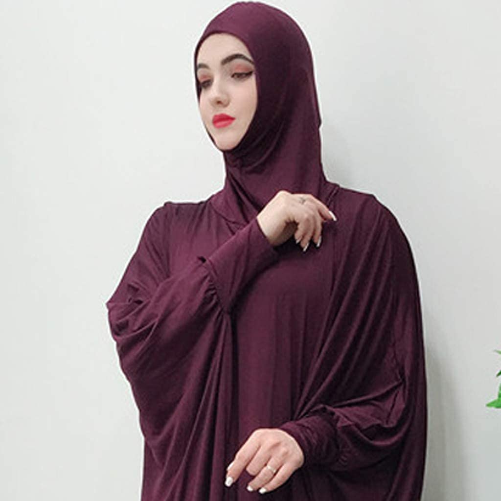 Women's Solid Muslim One-Piece Prayer Dress Muslim Abaya Dress Islamic Maxi Abaya Kaftan with Hijab Full Length Dress