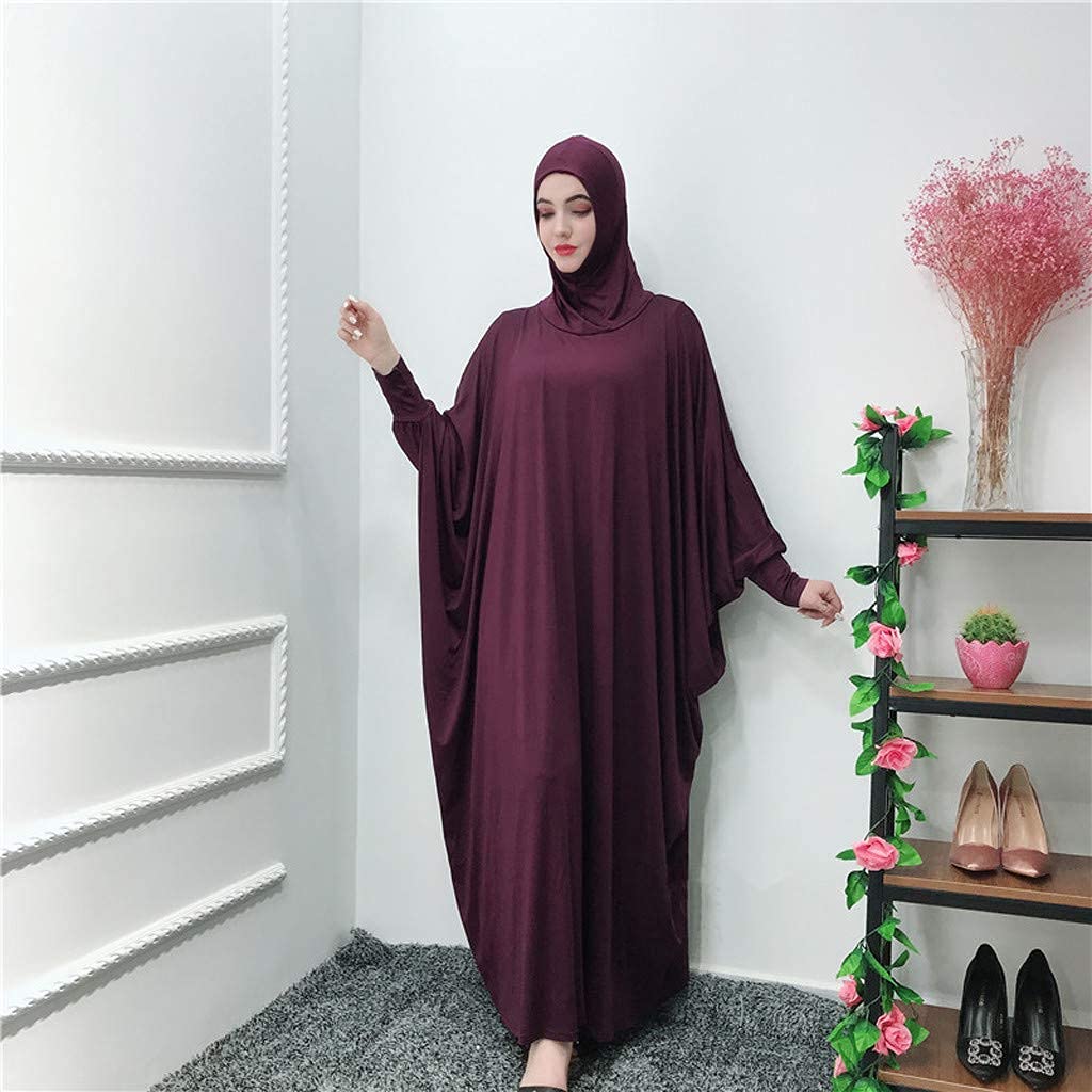 Women's Solid Muslim One-Piece Prayer Dress Muslim Abaya Dress Islamic Maxi Abaya Kaftan with Hijab Full Length Dress