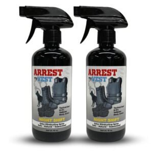 arrest my vest military and police grade odor eliminating spray for body armor odor, tactical gear. safe on k9's. safe on all ballistic vests and fabrics - new night shift fragrance - 2 16 oz bottles