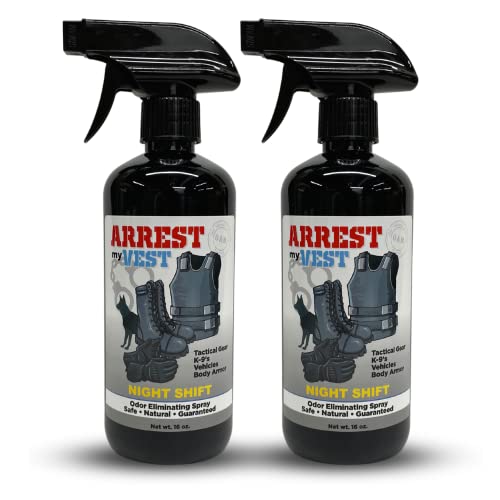 Arrest My Vest Military and Police Grade Odor Eliminating Spray for Body Armor Odor, Tactical Gear. Safe on K9's. Safe on All Ballistic Vests and Fabrics - New Night Shift Fragrance - 2 16 oz Bottles