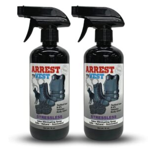 arrest my vest military and police grade odor eliminating spray for body armor odor, tactical gear. safe on k9's. safe on all ballistic vests and fabrics - new stressless fragrance - 2 16 oz bottles