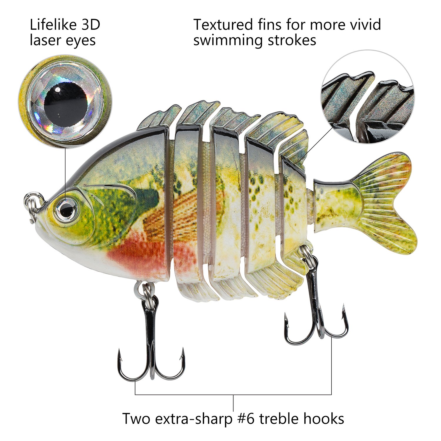 BASSDASH SwimPanfish Multi Jointed Panfish Bluegill Swimbaits Topwater Hard Bass Fishing Crank Lure 3.5in/0.85oz (Pack of 6 Colors)