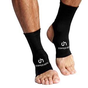 copper heal ankle compression sleeve (pair) - highest copper infused socks arch support foot swelling achilles tendon joint pain plantar fasciitis sports injury (l - pair)