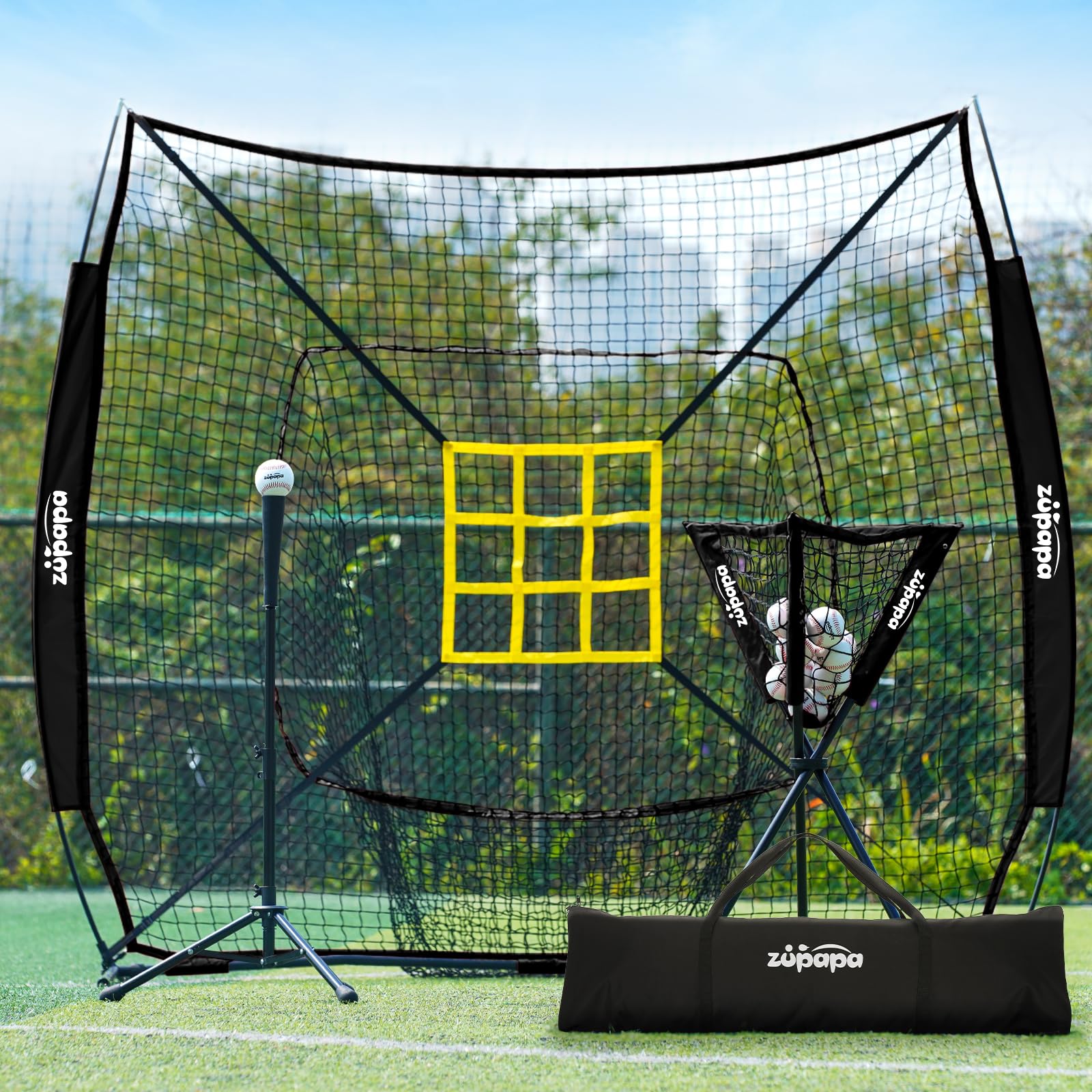 Zupapa Baseball Softball Practice Combo - 7 X 7 Feet Net Tee Caddy 12 Pack Baseballs Set, Upgraded Vivid Strike Zone, Baseball Backstop Practice Net for Hitting Pitching Batting Catching (Black)