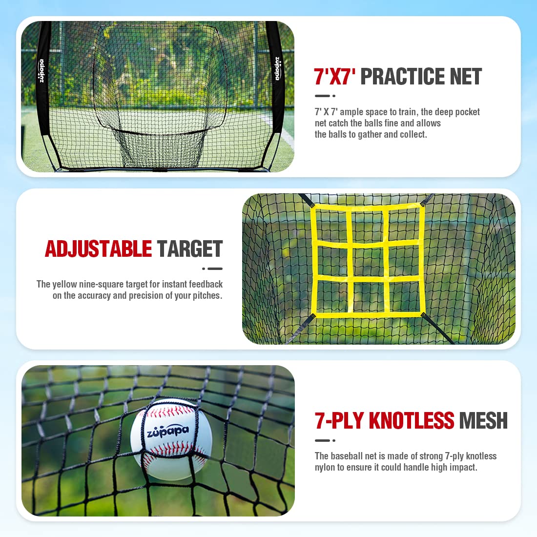 Zupapa Baseball Softball Practice Combo - 7 X 7 Feet Net Tee Caddy 12 Pack Baseballs Set, Upgraded Vivid Strike Zone, Baseball Backstop Practice Net for Hitting Pitching Batting Catching (Black)