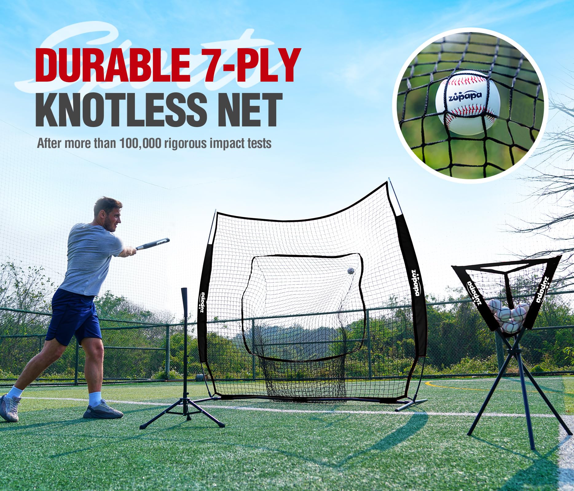 Zupapa Baseball Softball Practice Combo - 7 X 7 Feet Net Tee Caddy 12 Pack Baseballs Set, Upgraded Vivid Strike Zone, Baseball Backstop Practice Net for Hitting Pitching Batting Catching (Black)